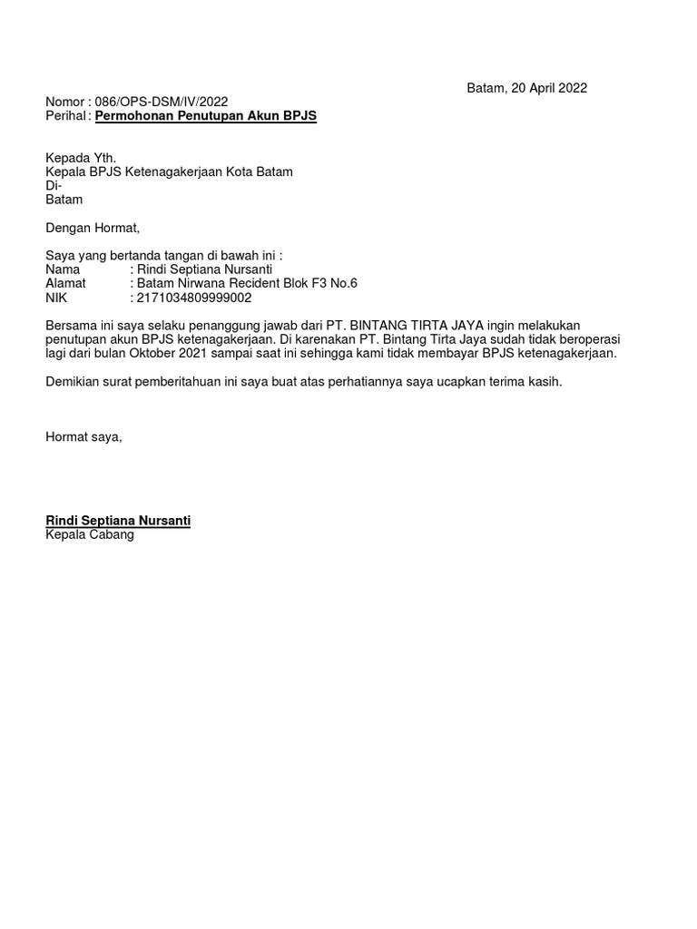 Surat Permohonan Penutupan Akun Bpjs BTJ | PDF