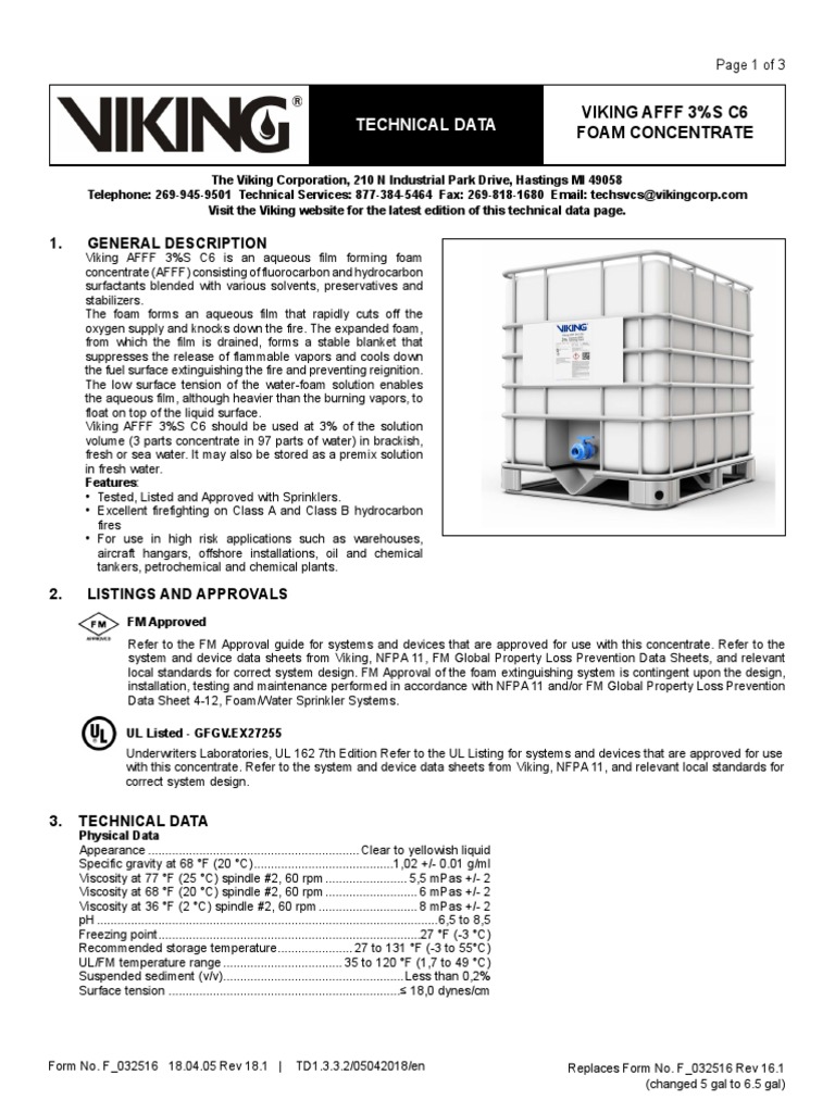 Viking AFFF 3%S C6 Technical Data Sheet | PDF | Fire Sprinkler System ...