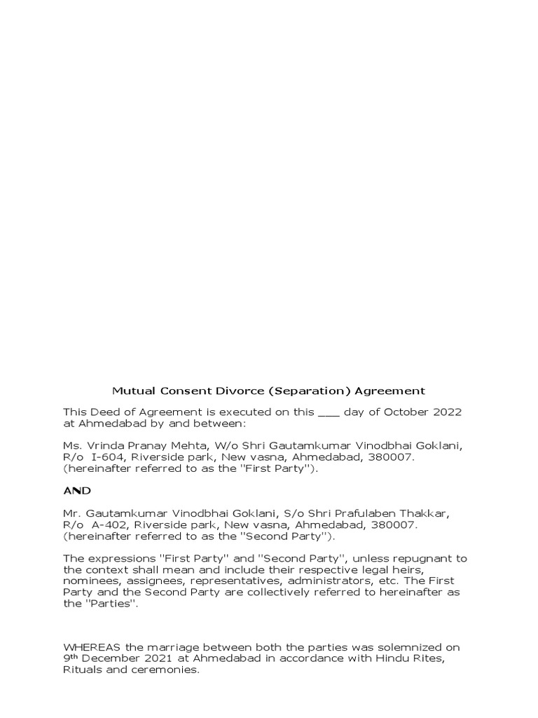 Mutual Consent Divorce Agreement | PDF