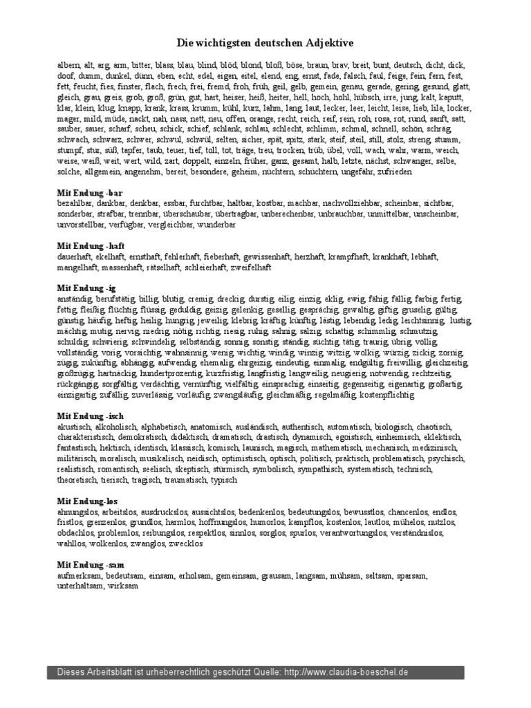 Die Wichtigsten Deutschen Adjektive | PDF