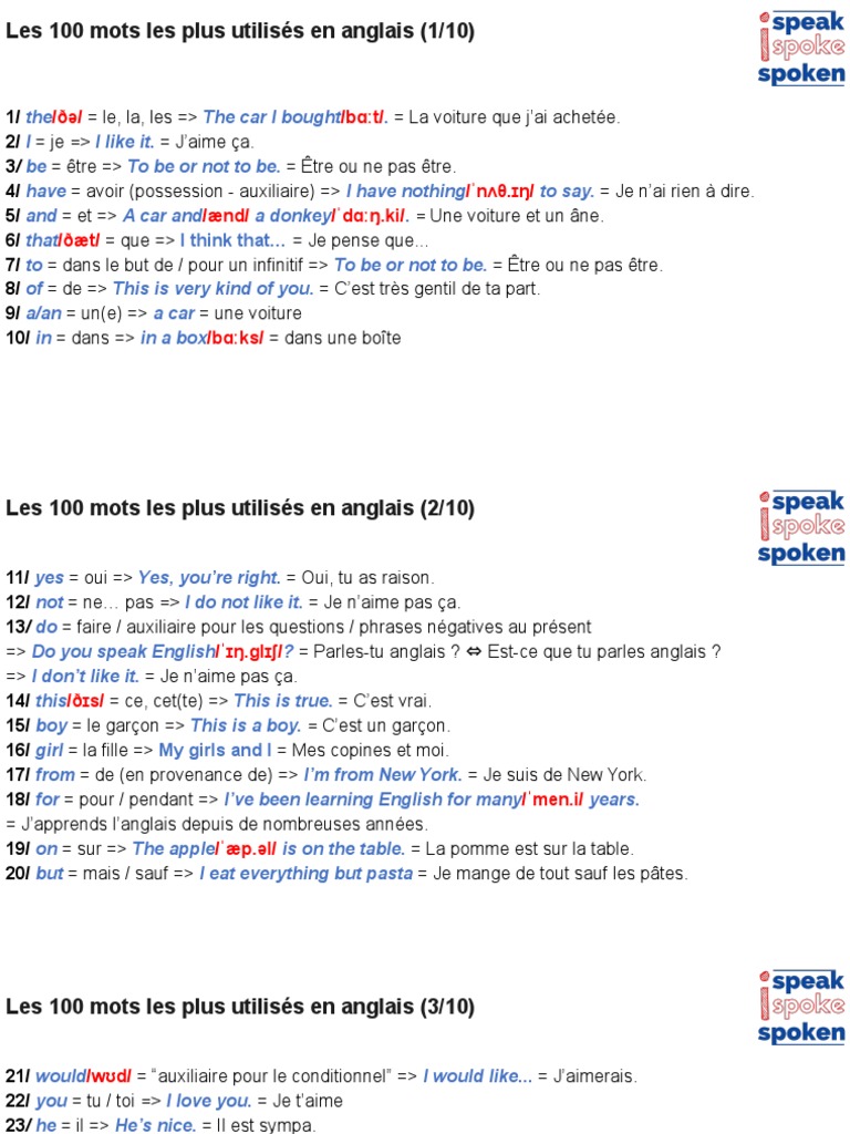 Les 100 Mots Les Plus Utilises en Anglais VF | PDF Les 100 Mots Les Plus Utilises en Anglais VF | PDF