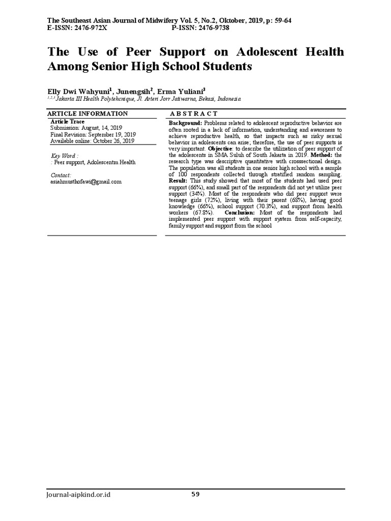 The Use of Peer Support On Adolescent Health Among Senior High School ...