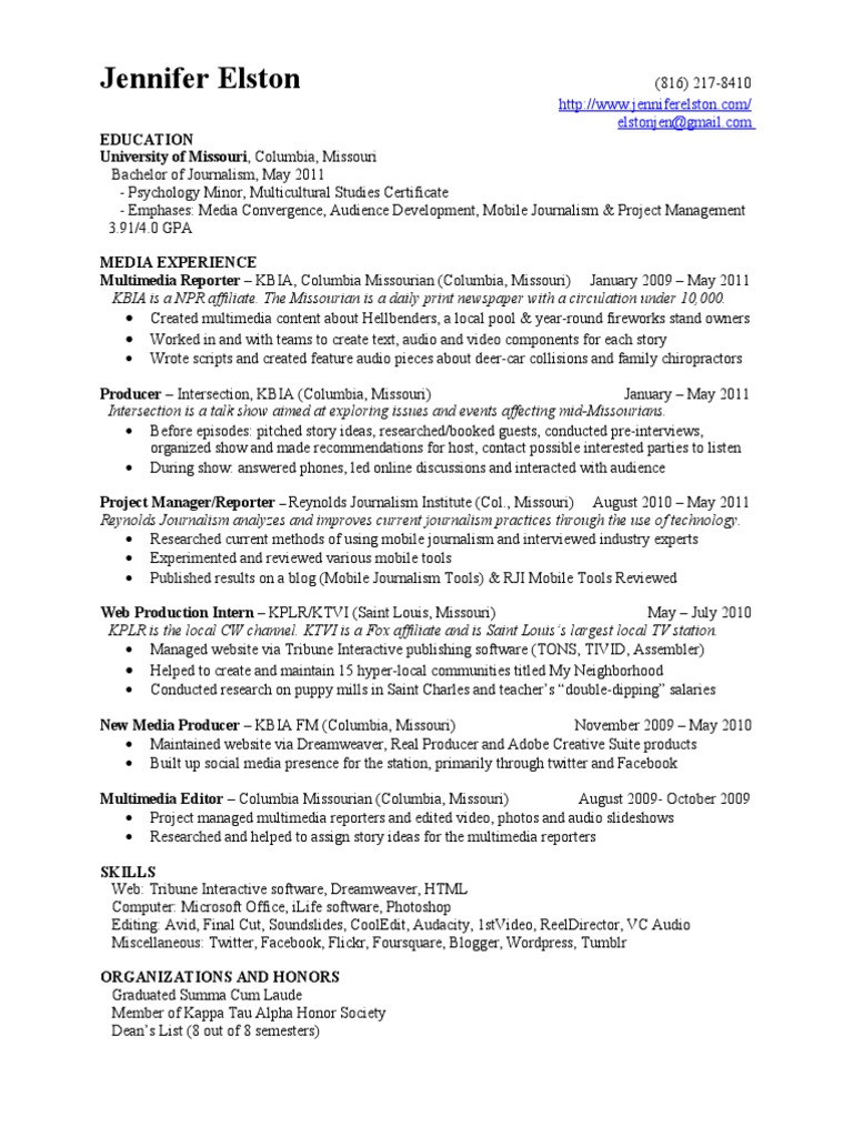 Jennifer Elston: Multimedia Journalist Resume | PDF | Blog | Multimedia