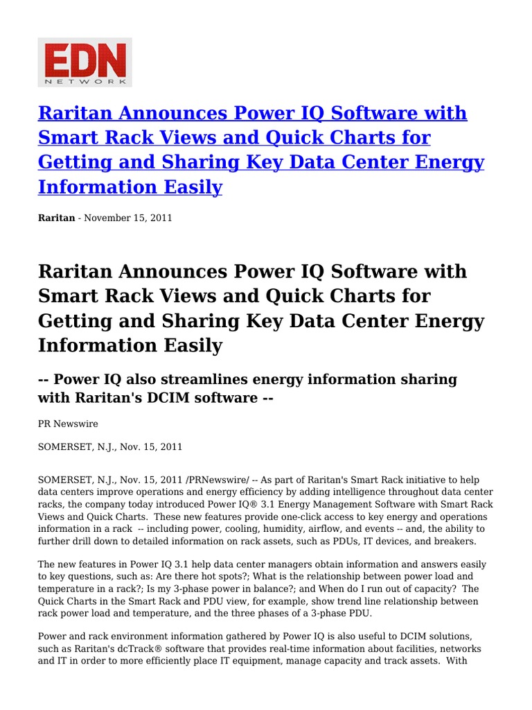Raritan Announces Power IQ Software With Smart Rack Views and Quick ...