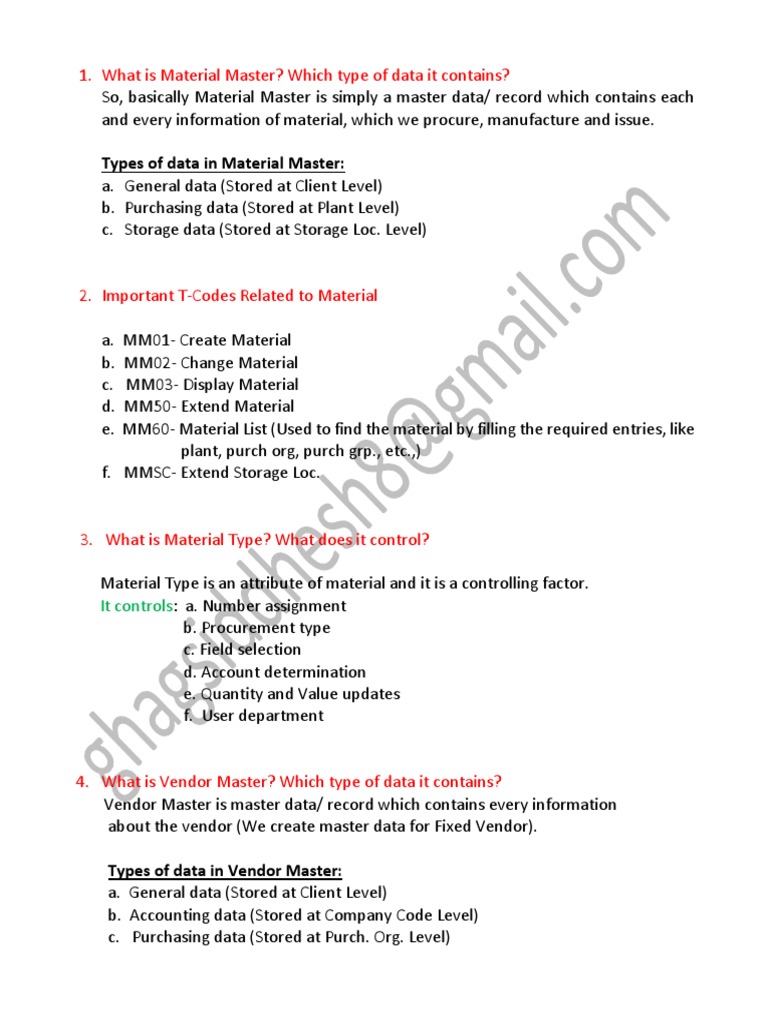 Basic-Imp Interview Questions (Material & Vendor Master) | PDF