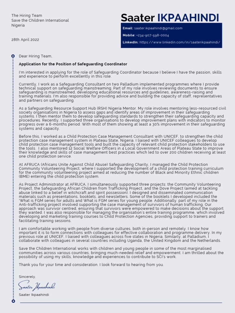 Saater Ikpaahindi - Cover Letter - Safeguarding Coordinator | PDF