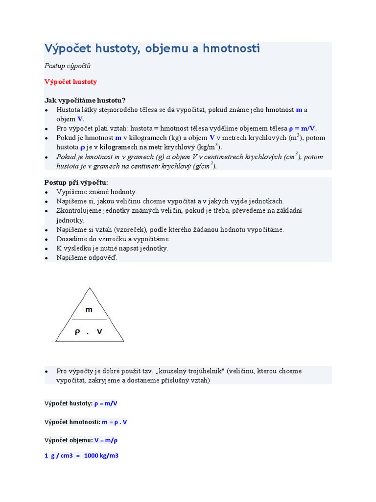 Výpočet Hustoty, Objemu A Hmotnosti | PDF