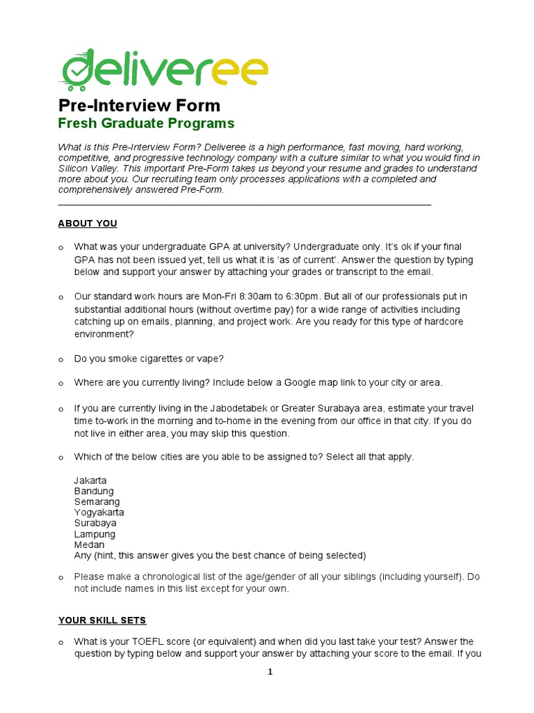 Fresh Graduate Pre-Interview Form | PDF | Computing