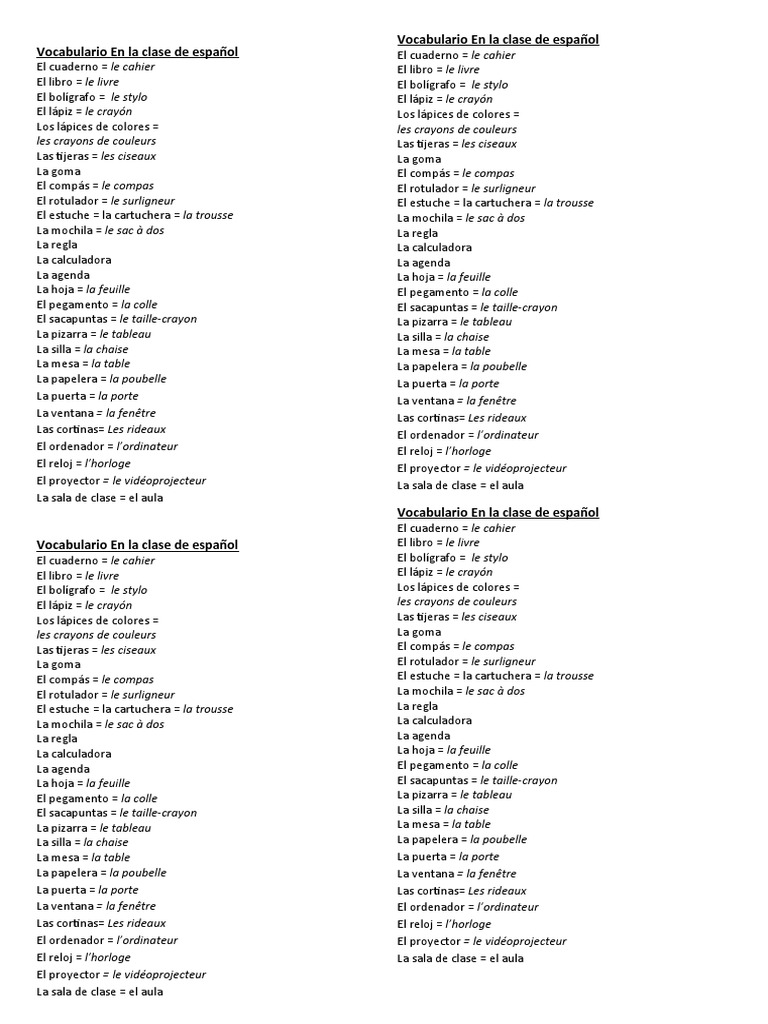 Vocabulario En La Clase De Espanol Pdf Equipo De Oficina Escritura
