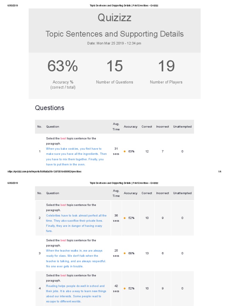 Topic Sentences and Supporting Details Quiz | PDF