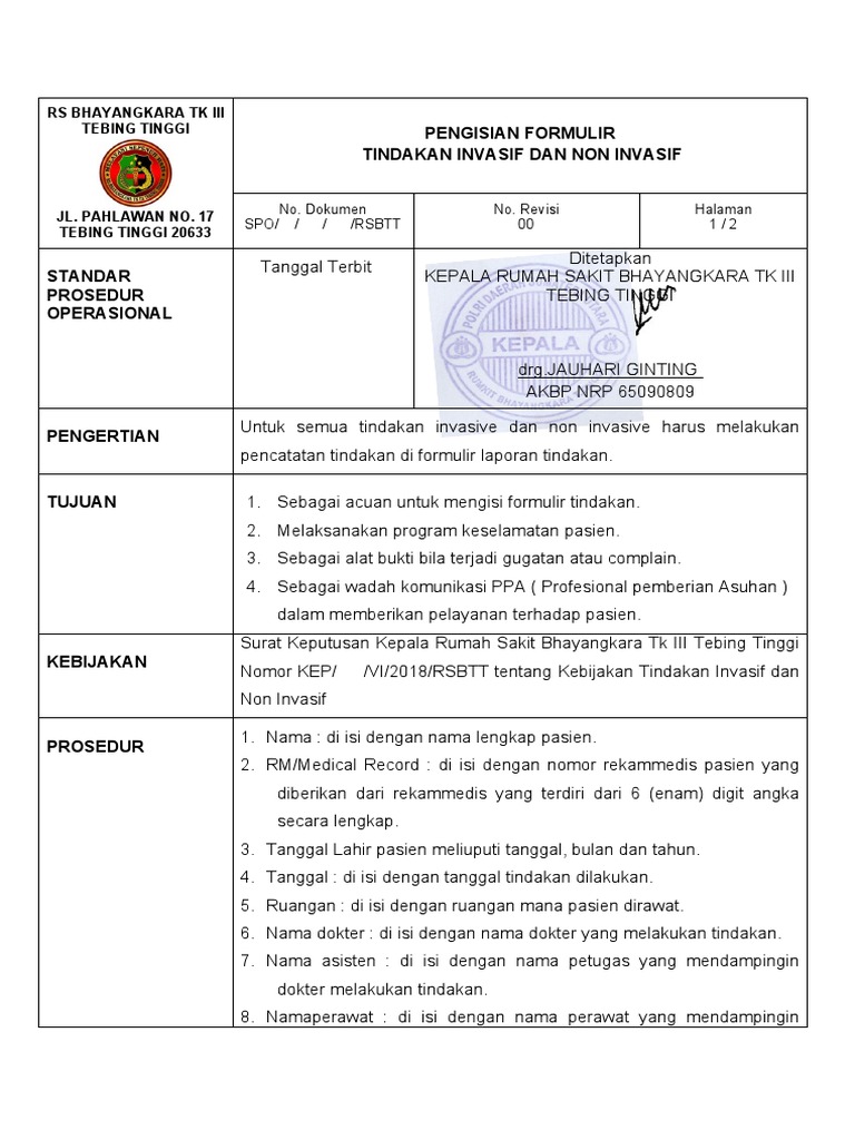 Ep 1 Spo Pengisian Formulir Tindakan Invasif Dan Non Invasif | PDF