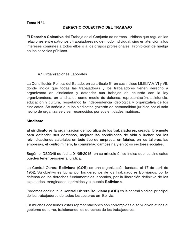 Tema 4 Derechos Colectivos Del Trabajo | PDF | Sindicato | Derecho laboral