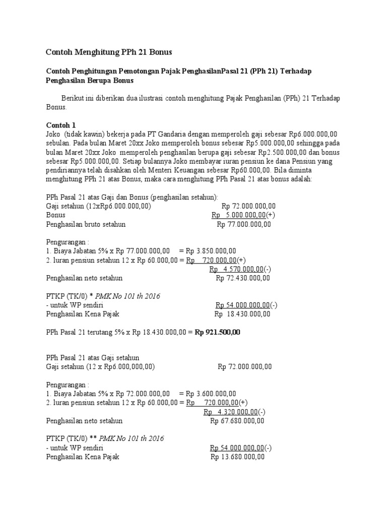 Contoh Menghitung PPH 21 Bonus | PDF