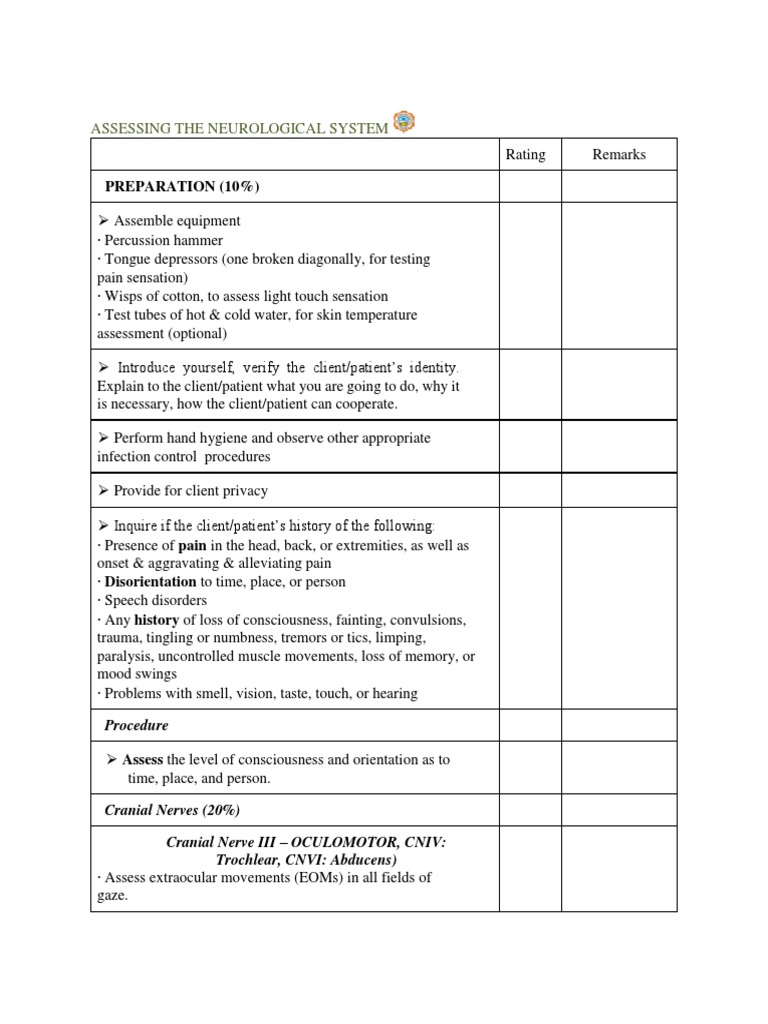 ASSESSING THE NEUROLOGICAL SYSTEM Checklist | PDF | Anatomical Terms Of ...