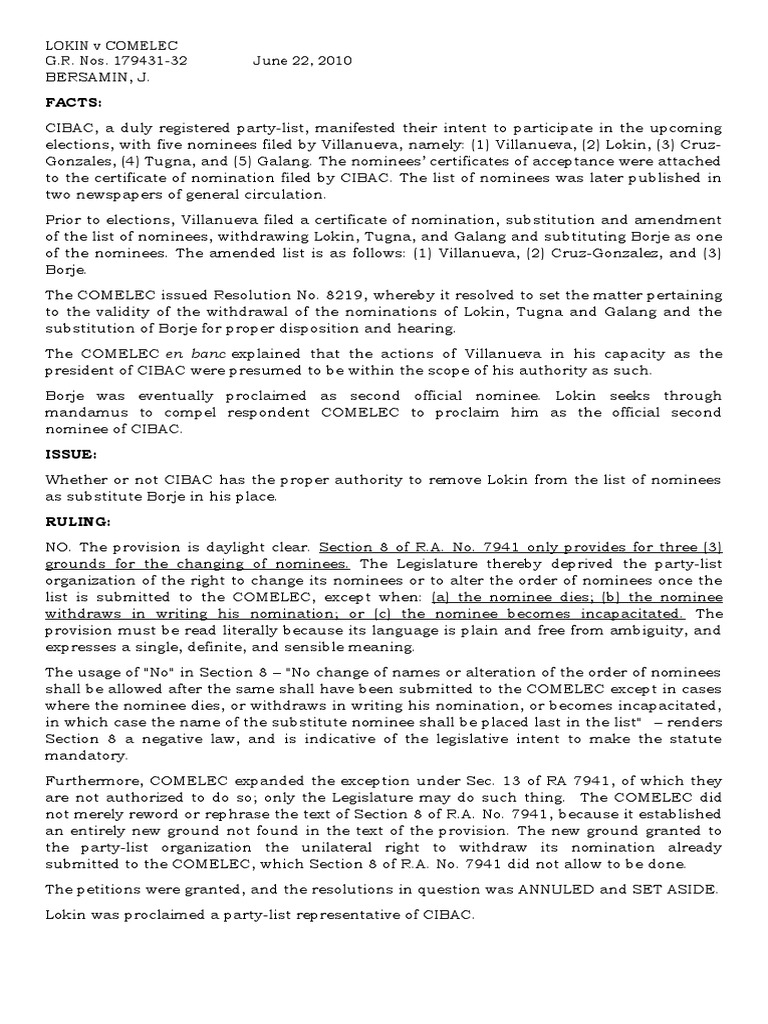 LOKIN V COMELEC | PDF | Common Law | Constitutional Law