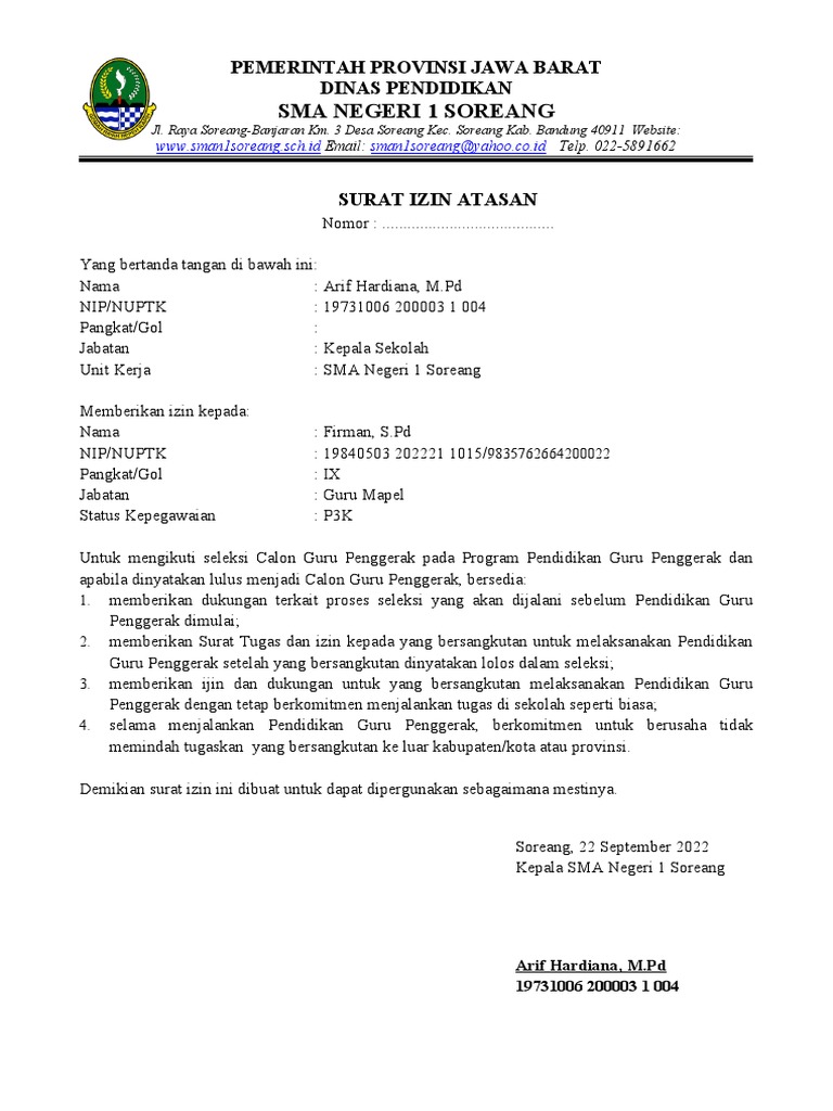 Surat Izin Guru Penggerak | PDF