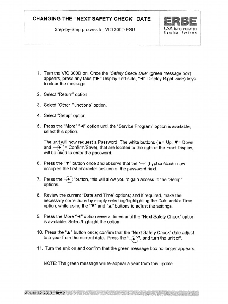 ERBE USA Reset of Next Safety Check Date | PDF