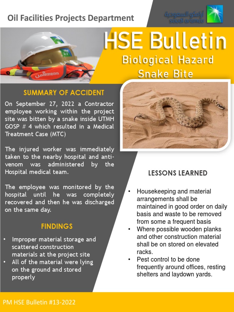HSE Safety Alert - Snake Bite #13-2022 | PDF