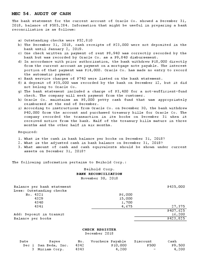 Audit of Cash | PDF | Cheque | Transaction Account