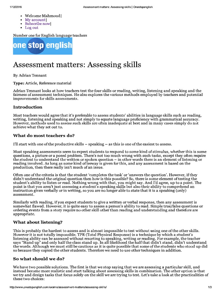 Assessing Skills - Onestopenglish | PDF