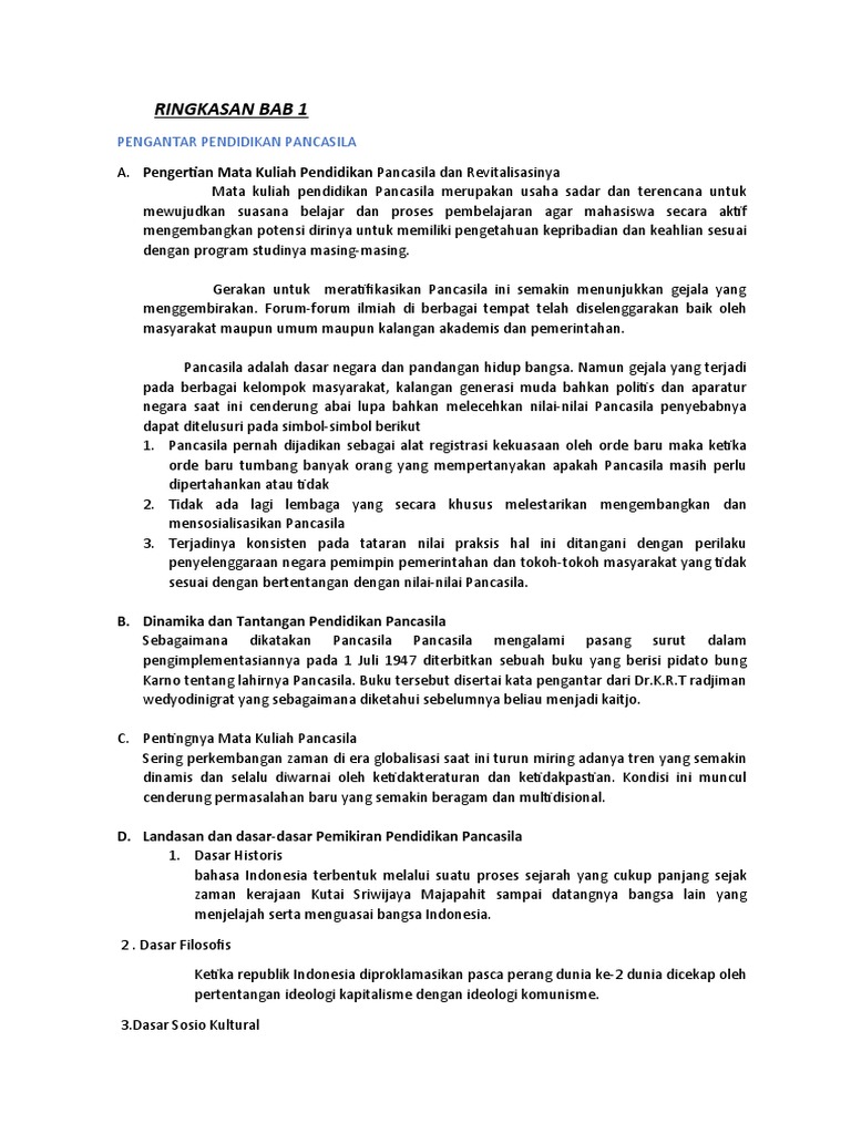 Ringkasan Bab 1: Pengantar Pendidikan Pancasila | PDF