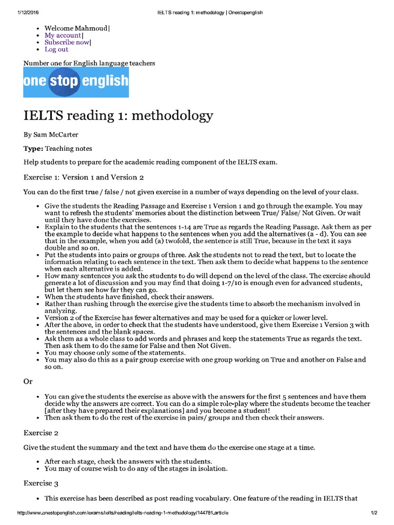 IELTS Reading 1 - Methodology - Onestopenglish | PDF