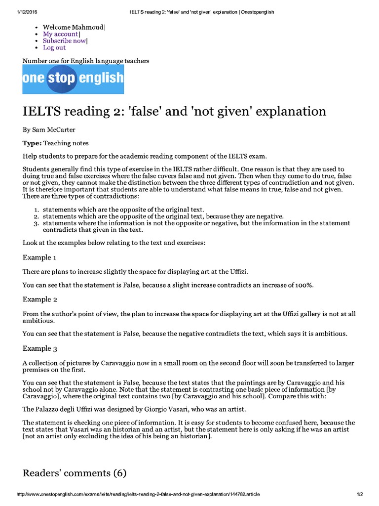IELTS Reading 2 - 'False' and 'Not Given' Explanation - Onestopenglish ...