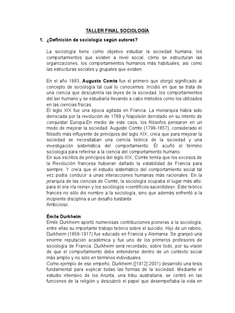Taller Final Sociología | PDF | Sociología | Emile Durkheim