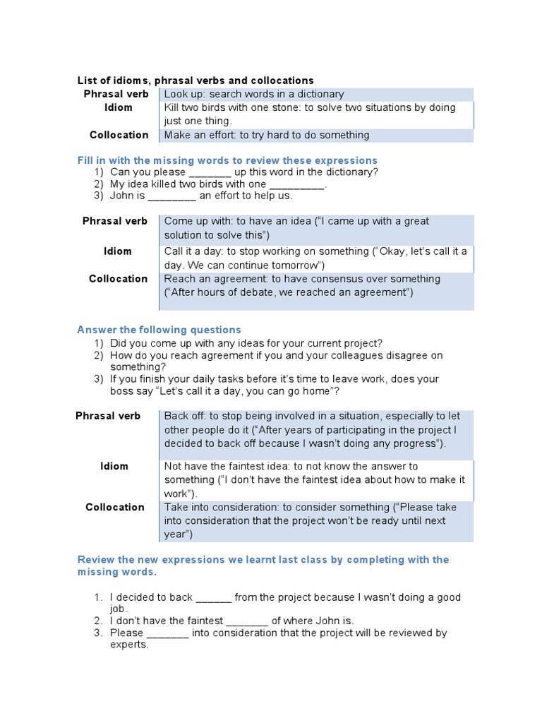 List of Idioms, Phrasal Verbs and Collocations | PDF | Idiom | Linguistics