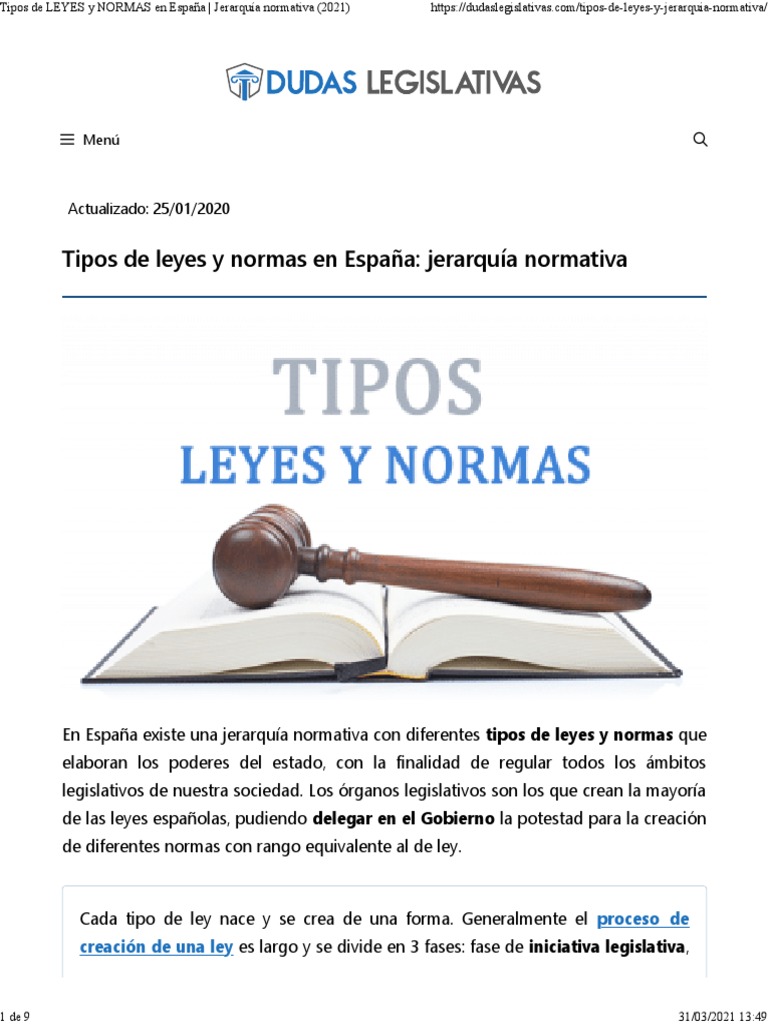 Tipos de LEYES y NORMAS en España Jerarquía Normativa (2021) | PDF