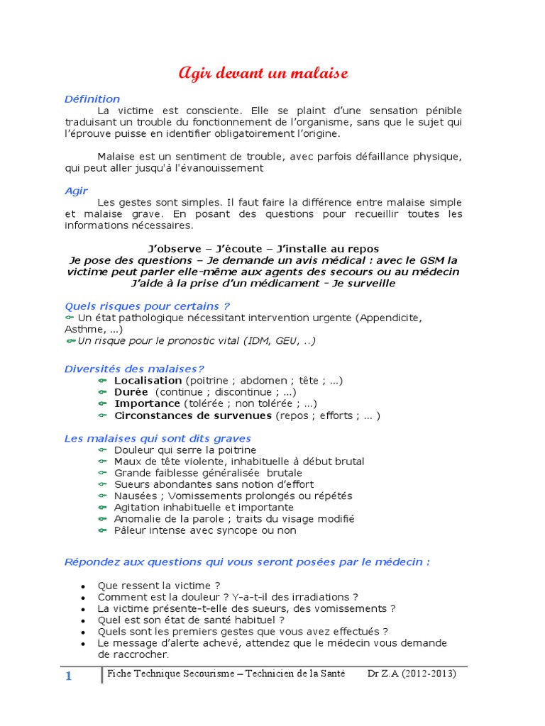 FT 10. Malaise | PDF | Hypoglycémie | Douleur