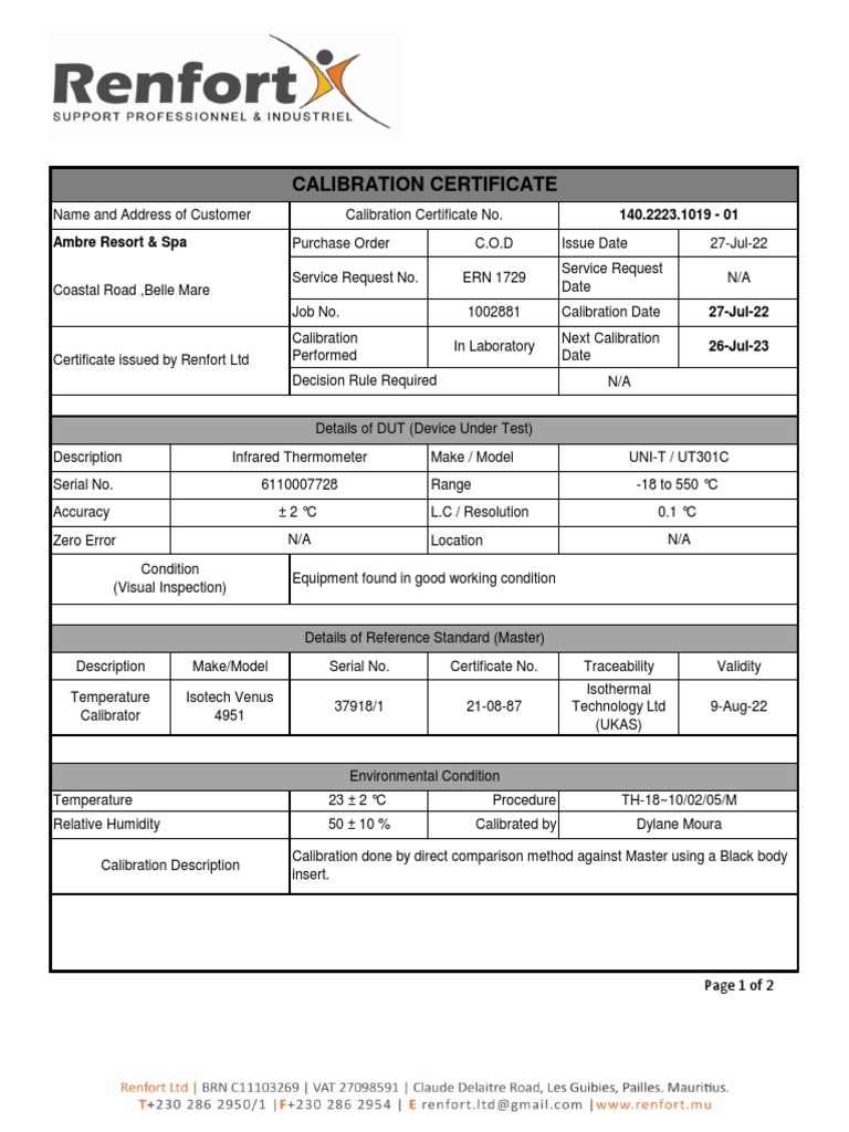 Calibration Certificate: 140.2223.1019 - 01 Ambre Resort & Spa | PDF ...