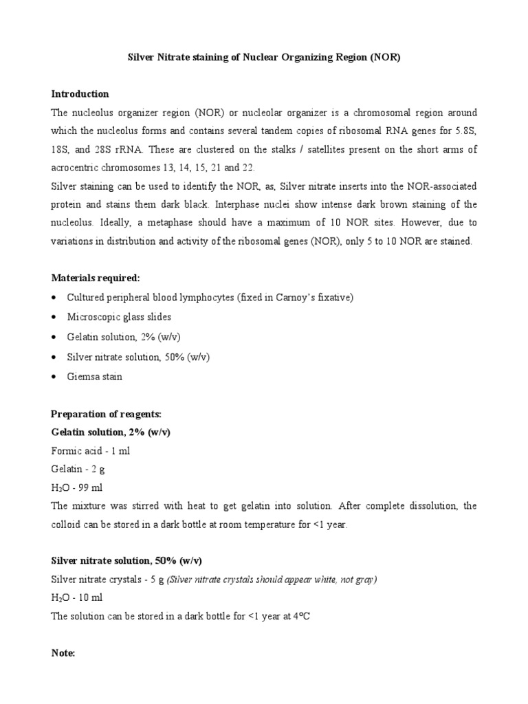 NOR Staining by Silver Nitrate | PDF | Staining | Genetics