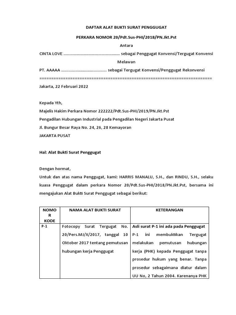 Contoh Daftar Alat Bukti Surat Penggugat | PDF