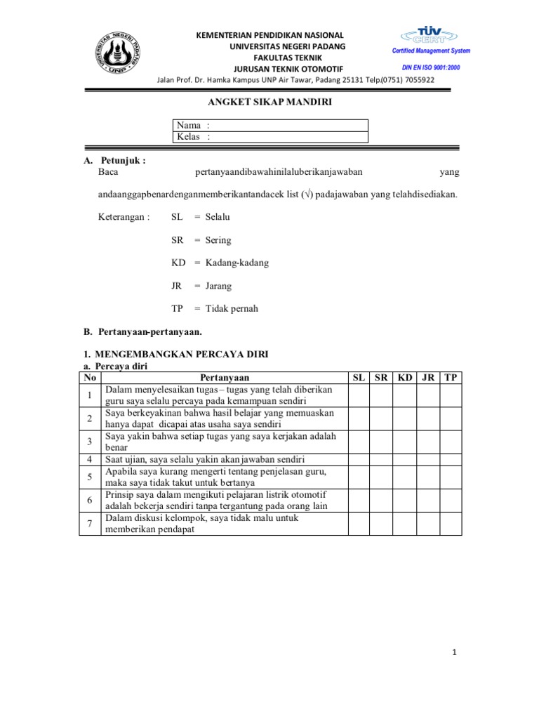 Angket Penelitian Sikap Mandiri