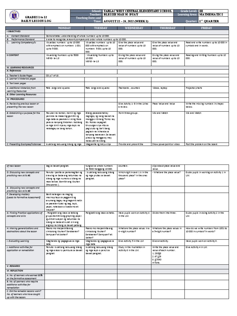 DLL - Math 3 - Q1 - W1 | PDF | Learning | Cognition