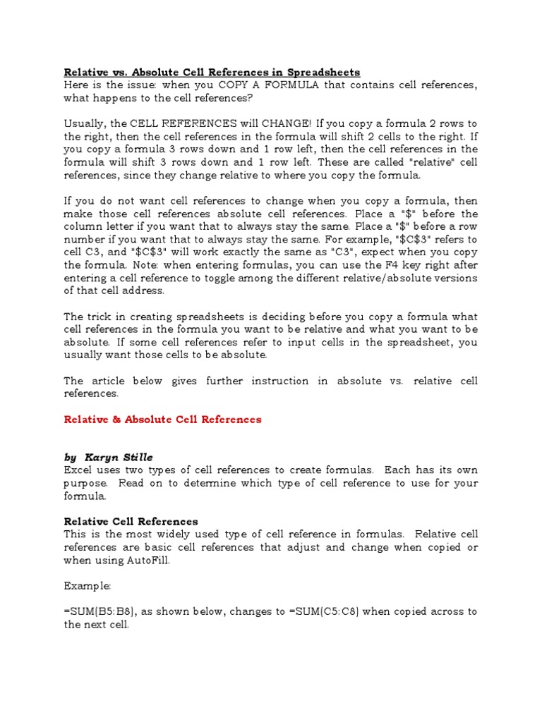 Relative vs. Absolute Cell References in Spreadsheets | PDF | Teaching ...