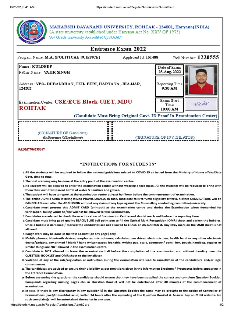 Instructions and Admit Card for Kuldeep's M.A. Political Science ...