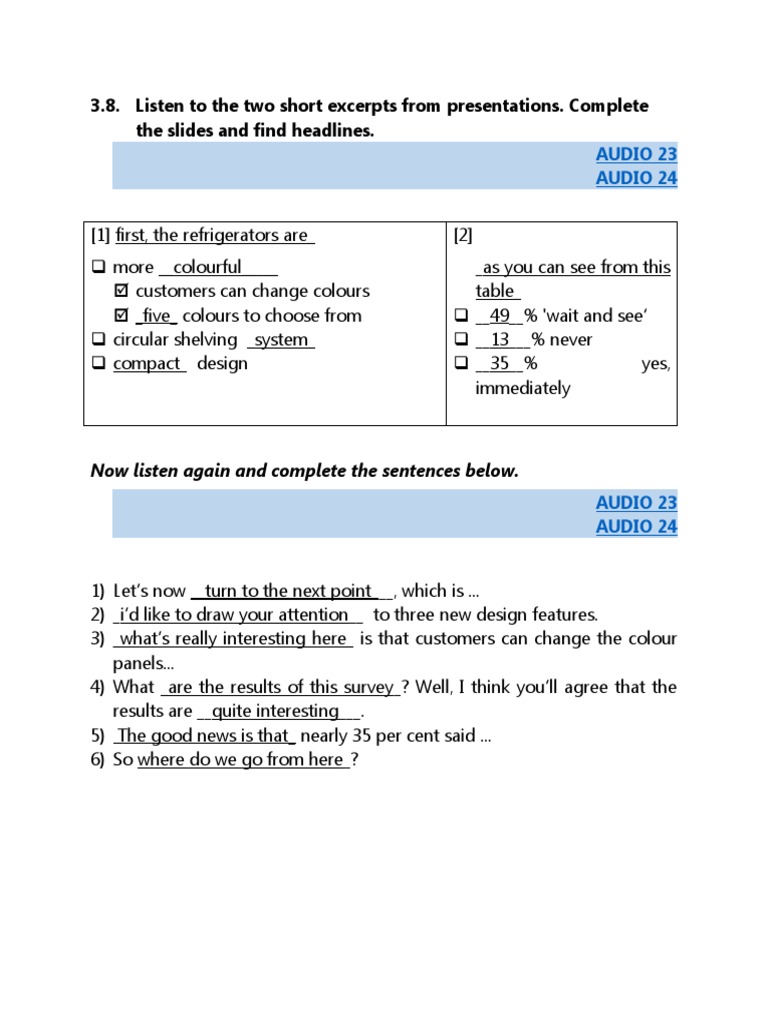 3.8. Listen To The Two Short Excerpts From Presentations. Complete The ...