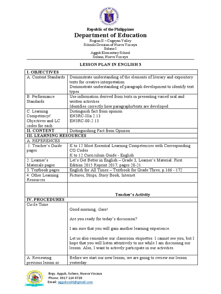 Lesson Plan (Fact and Opinion) | PDF | Lesson Plan | Learning