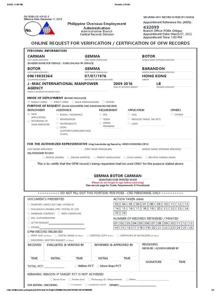 POEA Records Verification | PDF | Government And Personhood | Government