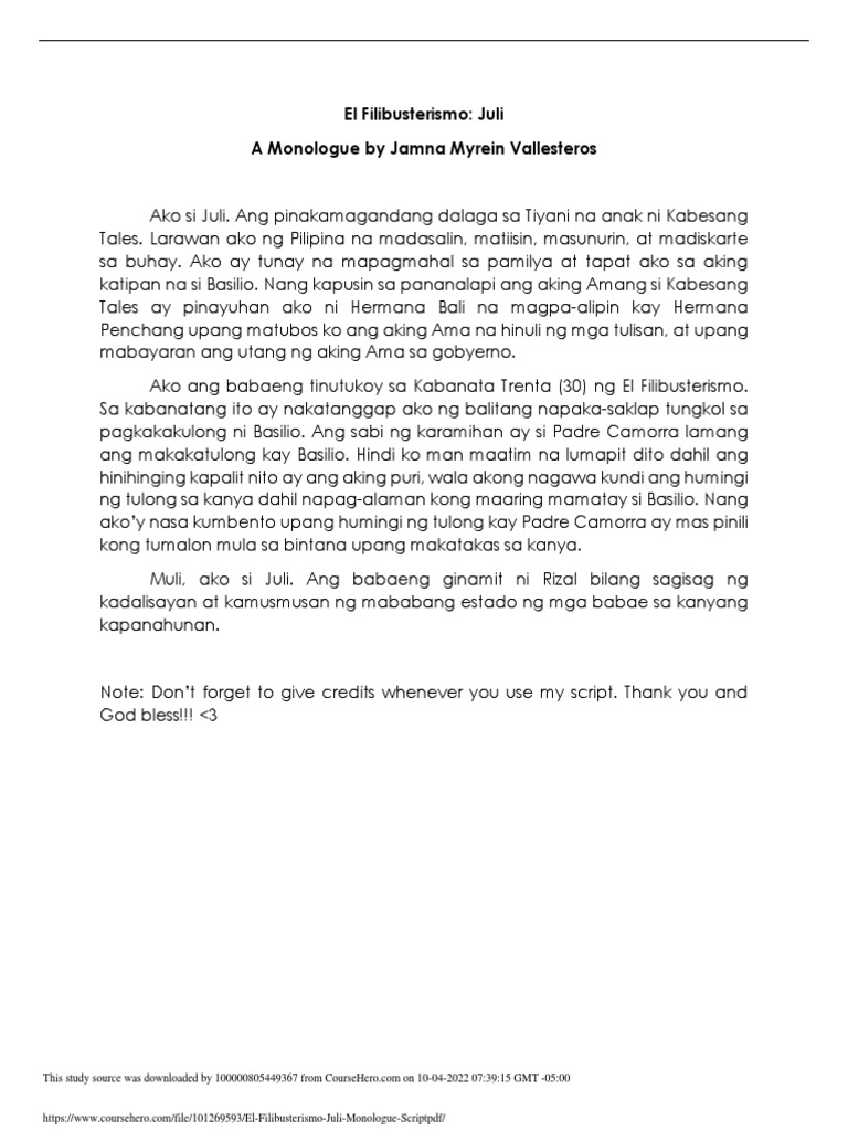 El Filibusterismo Juli Monologue Script PDF | PDF