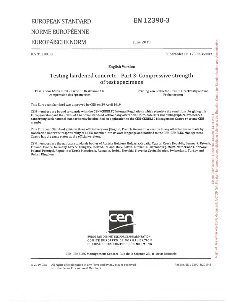 EN 12390-3 - 2019 Compressive Strength of Test Specimens (Concrete ...