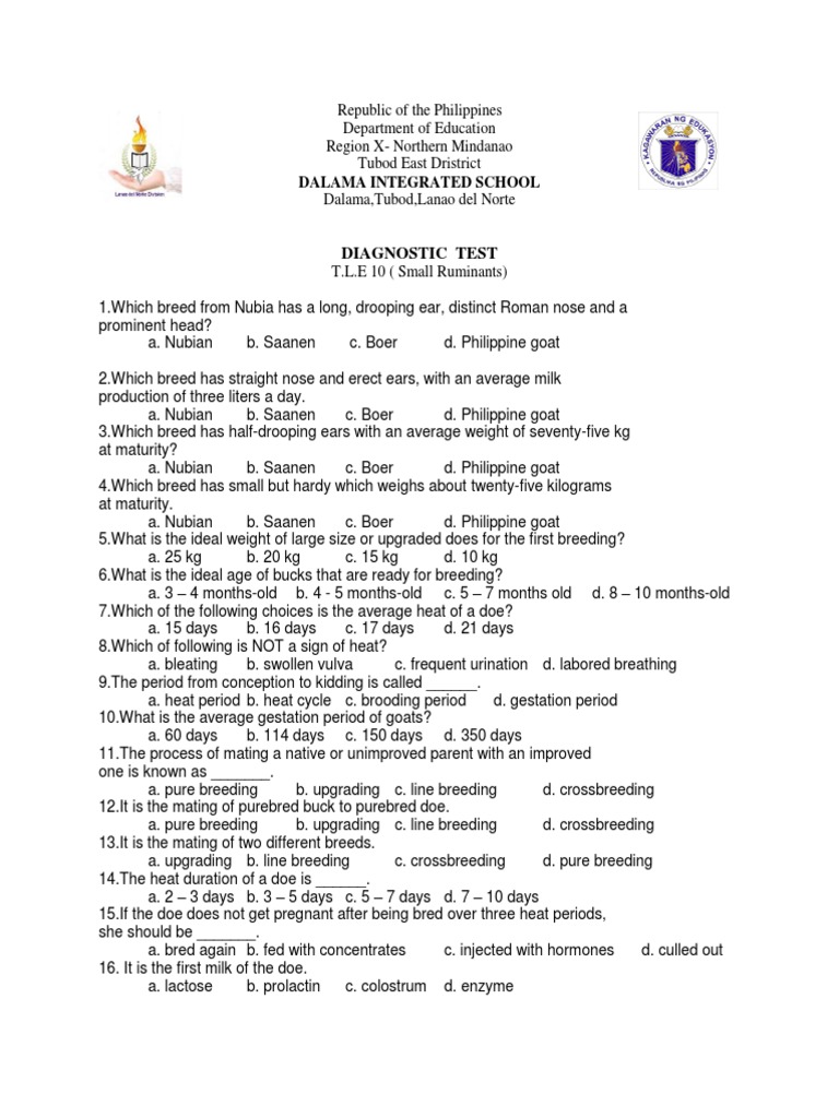 Diagnostic Test (Tle) | PDF | Goat | Legume