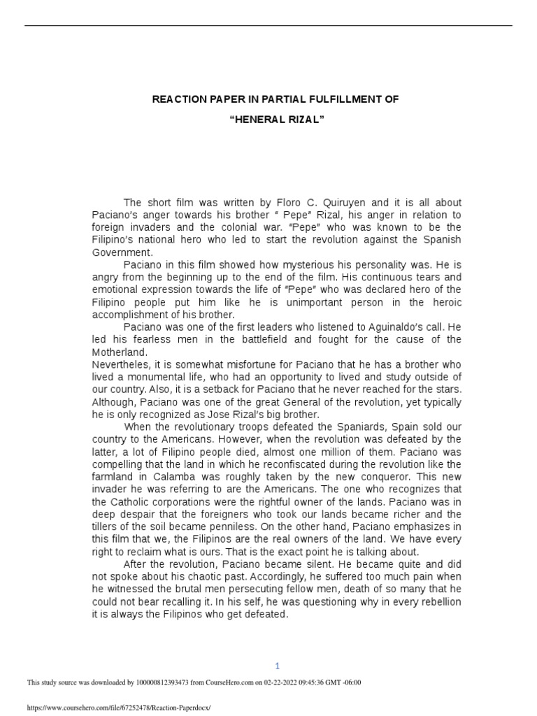 (Heneral Rizal) Reaction - Paper | PDF