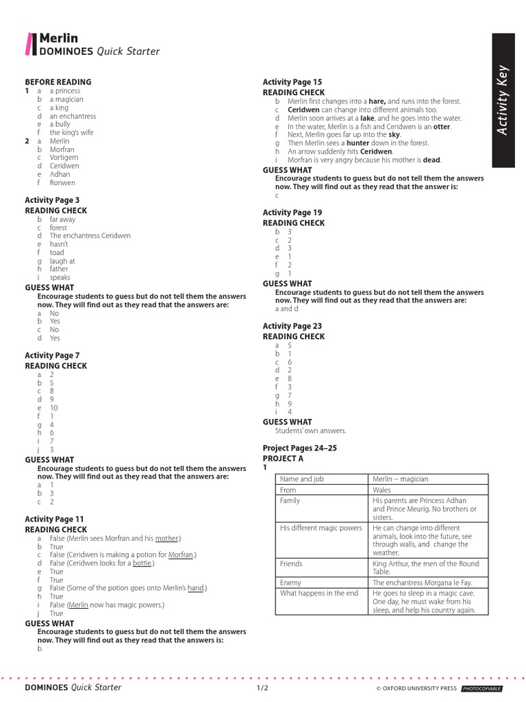 Merlin Dominoes Quick Starter Activity Key | PDF | Morgan Le Fay