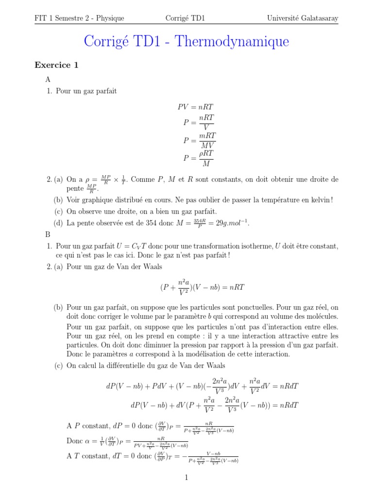 Corrigé TD1 | PDF | Chimie physique | Mécanique newtonienne