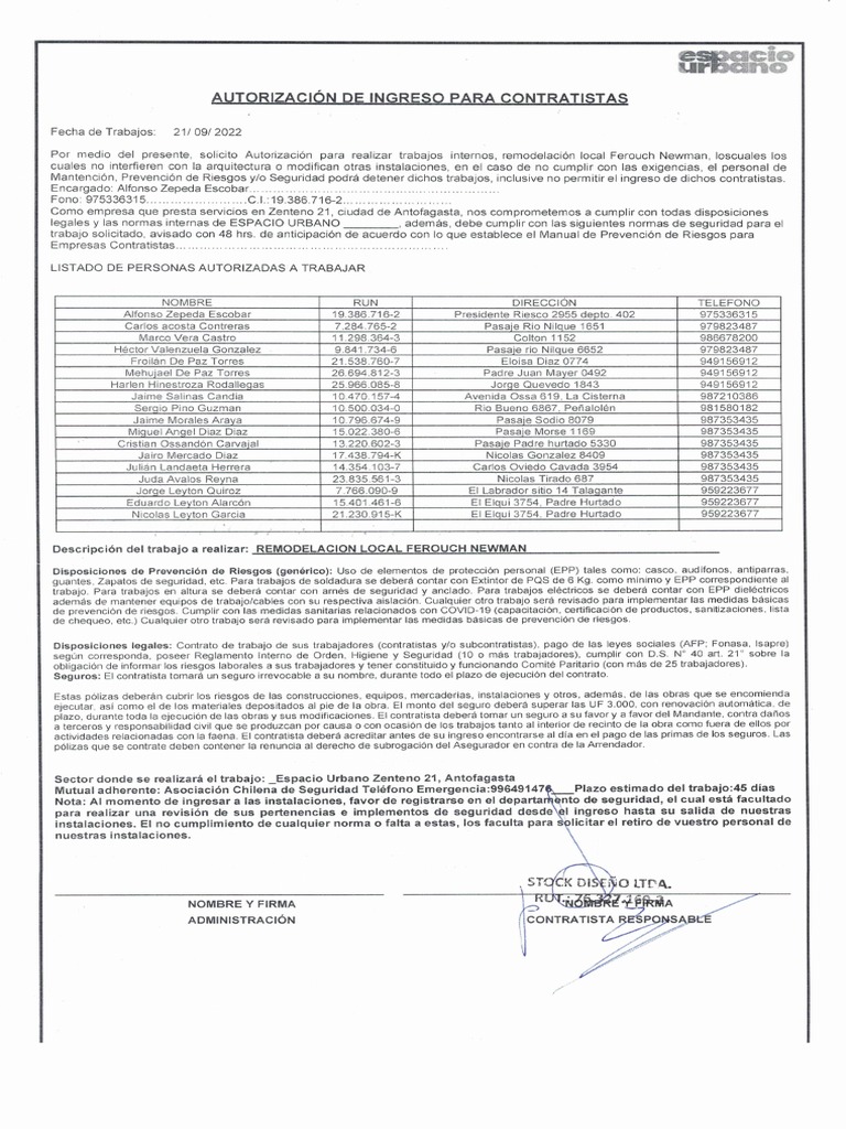 Autorizacion Ingreso Contratista Stock Diseño | PDF