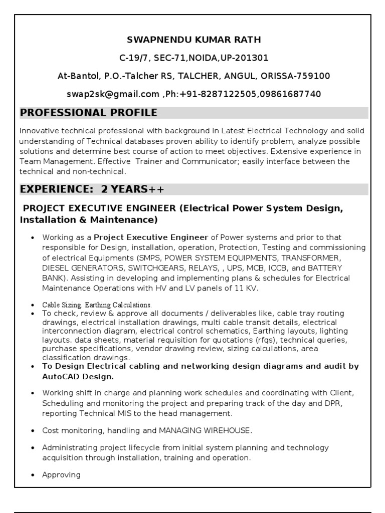 Resume | PDF | Electric Power System | Electrical Engineering