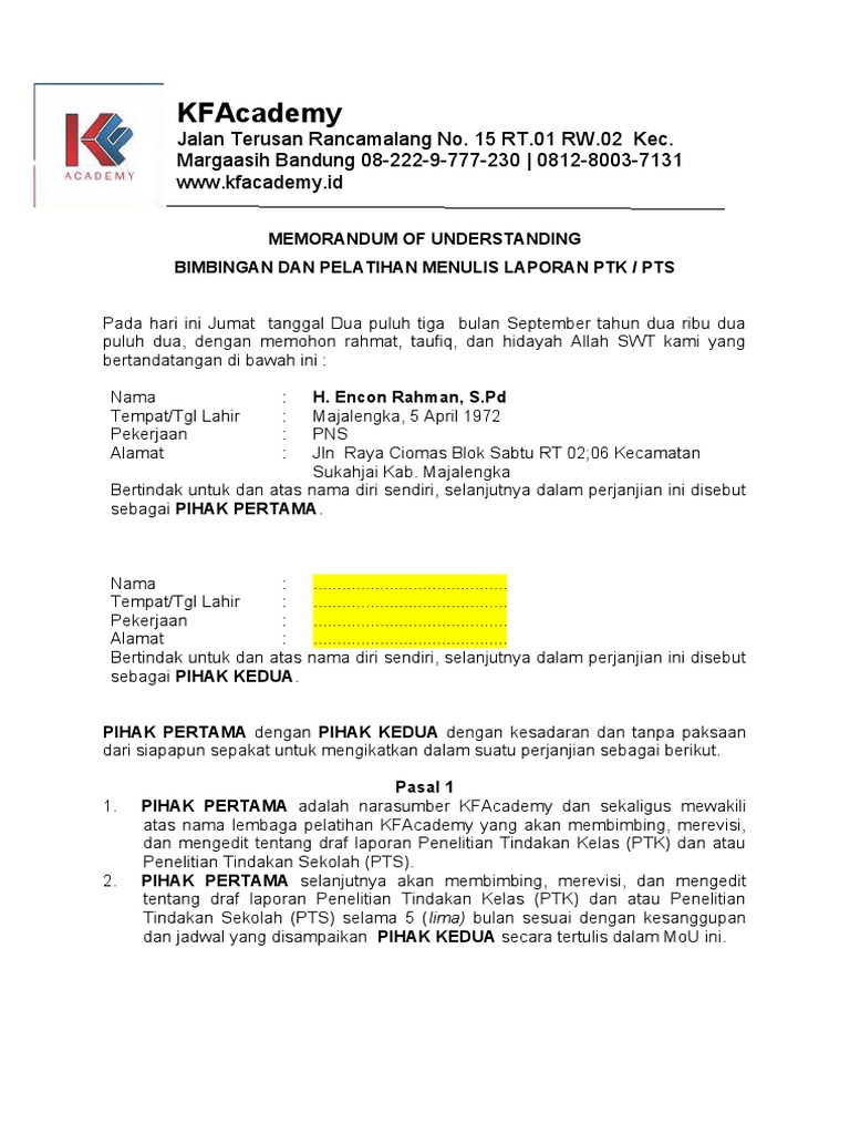 MoU Bimbingan PTK/PTS KFAcademy | PDF